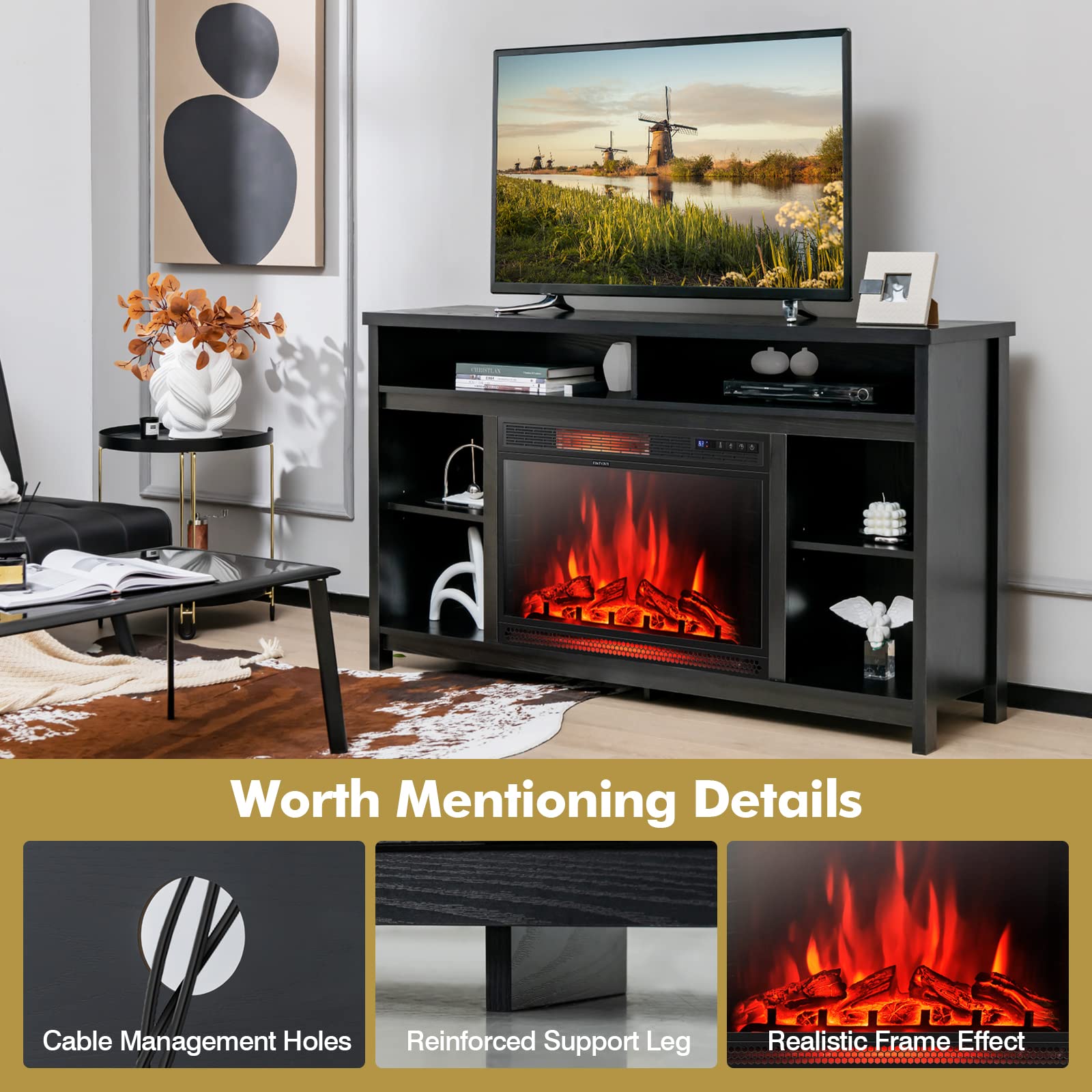 Tangkula 58 Inches Fireplace TV Stand for TVs up to 65 Inches, Modern Entertainment Center w/ 28 Inches Fireplace Insert, Remote Control, Electric Fireplace TV Console Table (Black)