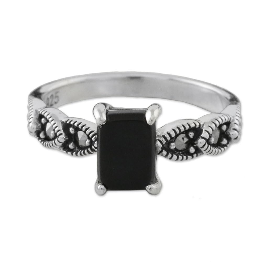 NOVICA Artisan Handmade Onyx Cocktail Ring Sterling Silver Starry Midnight Black Marcasite Grey Thailand Gemstone Birthstone [ring Front 0.3 in L x 0.2 in W Band Width 4 mm W] ' Starry Midnight'