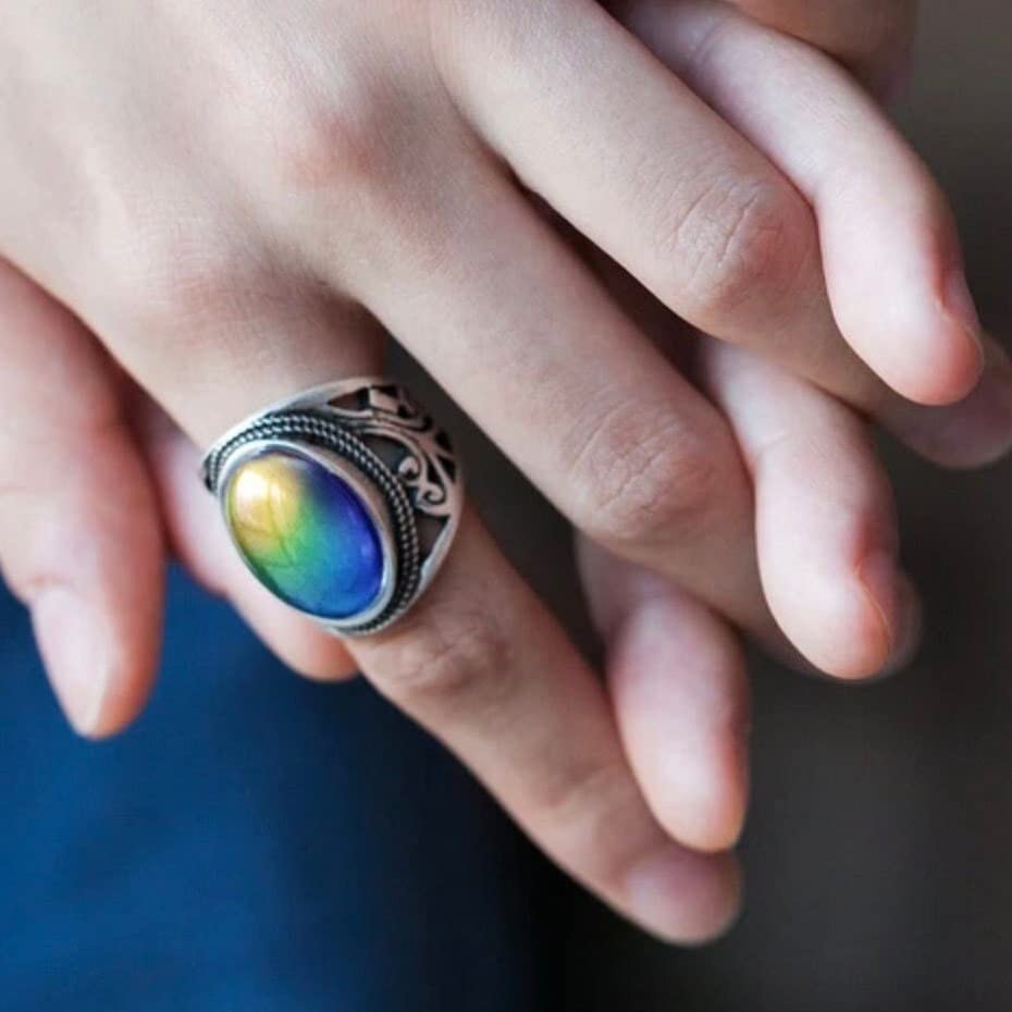 MY MOJOYAS Handmade Sterling Silver Plated Mood Ring with Unique Antique Pattern and Color-Changing Oval Stone for Men and Women Size 9