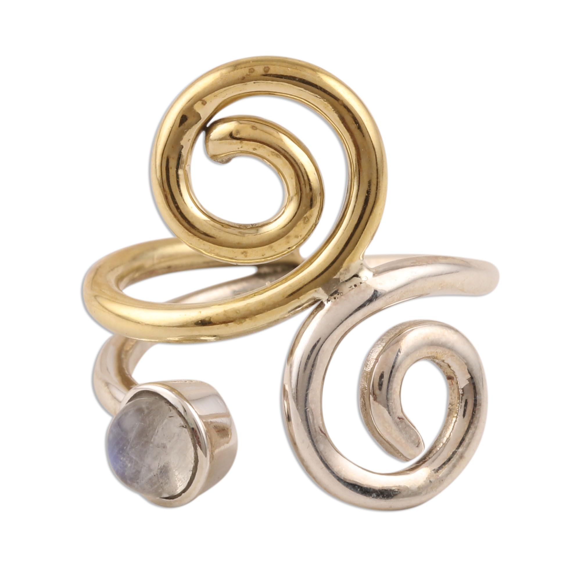 NOVICA Artisan Handmade Rainbow Moonstone Band Ring with .925 Sterling Silver Brass India Gemstone 'Curling Union'