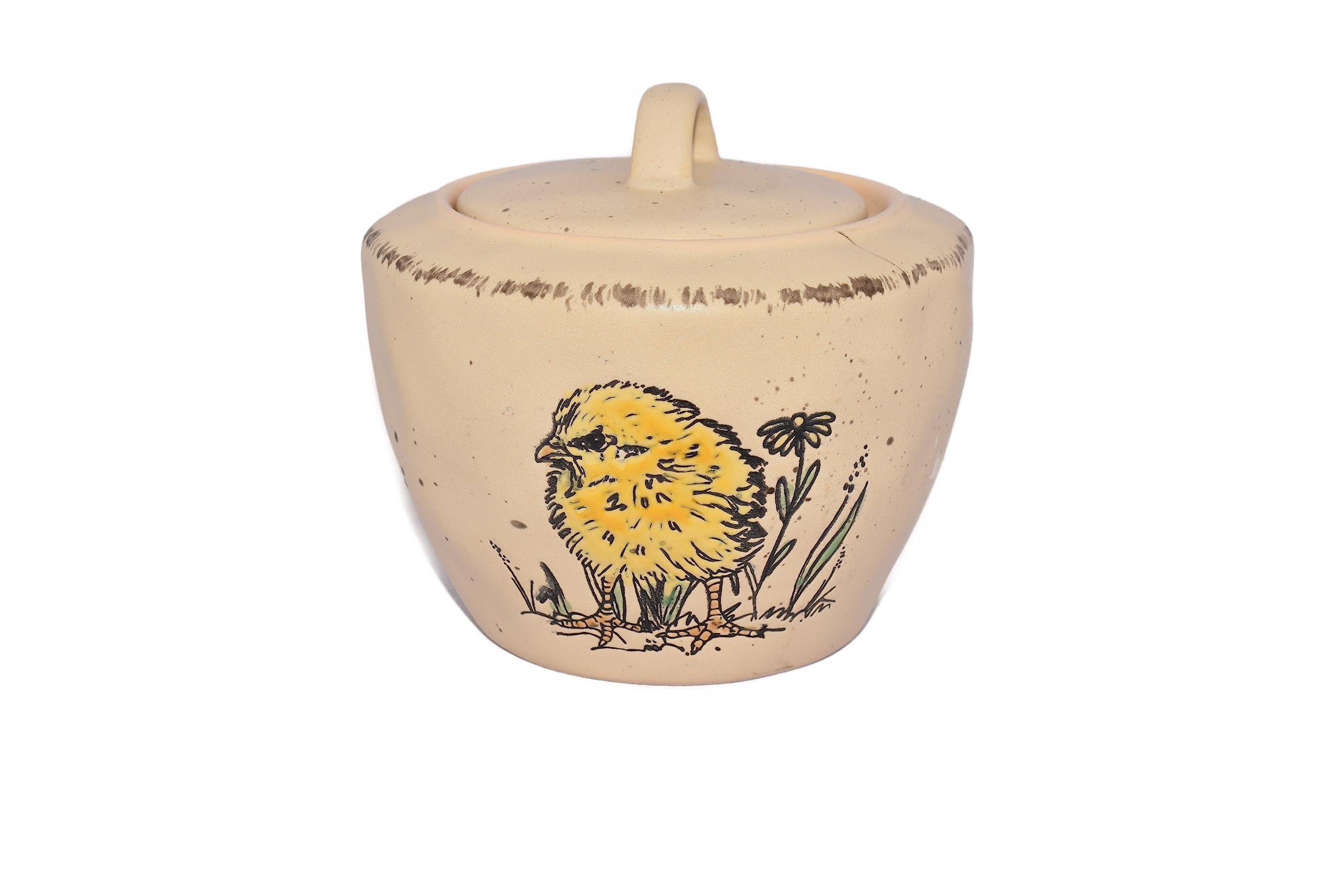 New Yellow Baby Chick with Flower On Tan Speckled Color Stoneware Sugar Bowl Jar Holder with Lid