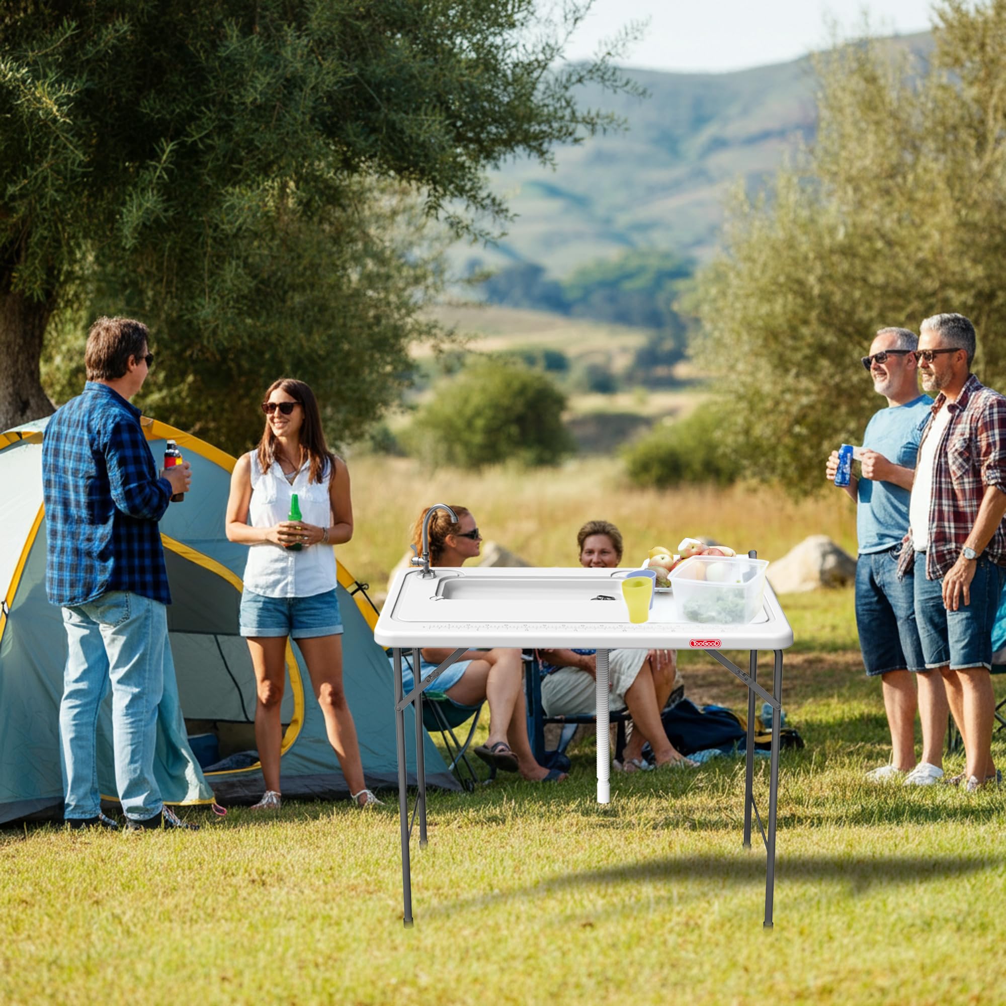 TooGooD Folding Fish Cleaning Table with Sink, Portable Camping Dish Washing Station w/ 31' Ruler Integrated