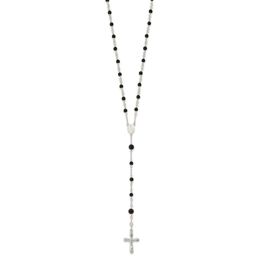 Sterling Silver Polished Black Onyx Rosary Necklace QQH4998