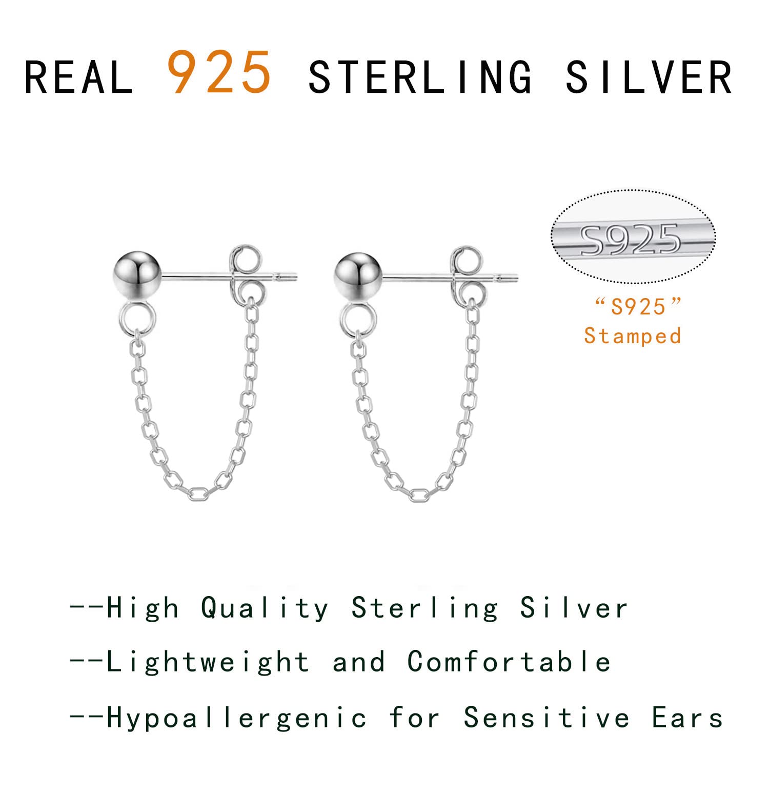 Reffeer Minimalist Ball Earrings with Chain Dangle Earrings for Women Teens Girls Dangle Earrings Studs Cute Solid 925 Sterling Silver Earrings(Silver)