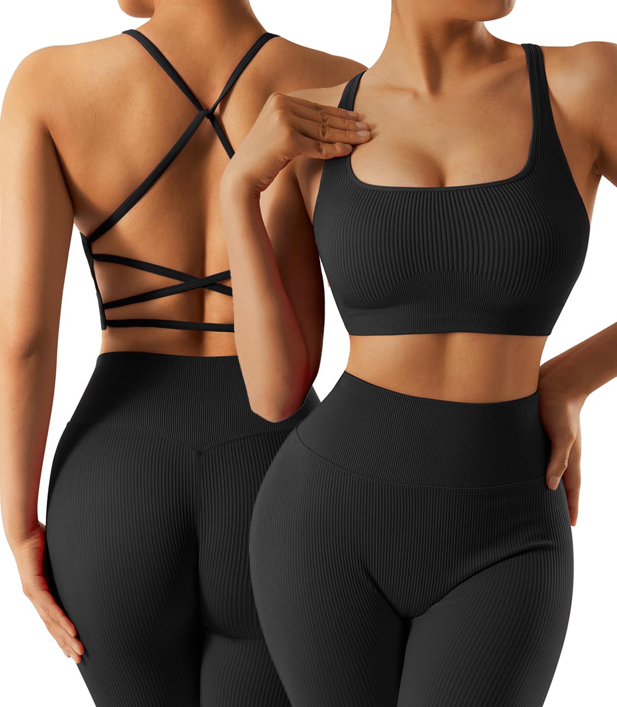 OMKAGI Women Ribbed Workout Sets Seamless Strappy Sport Bra Butt Lifting Leggings Outfits(S,04-Black)
