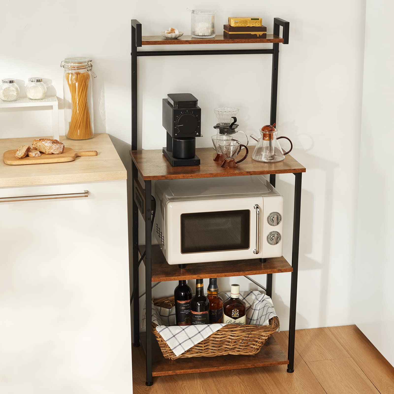 OIRBOEUS Bakers Rack with Power Outlet,Microwave Stand with Storage 5-Tiers,Coffee Bar Station,Microwave Rack,Kitchen Storage Shelf Rack,Rustic Brown