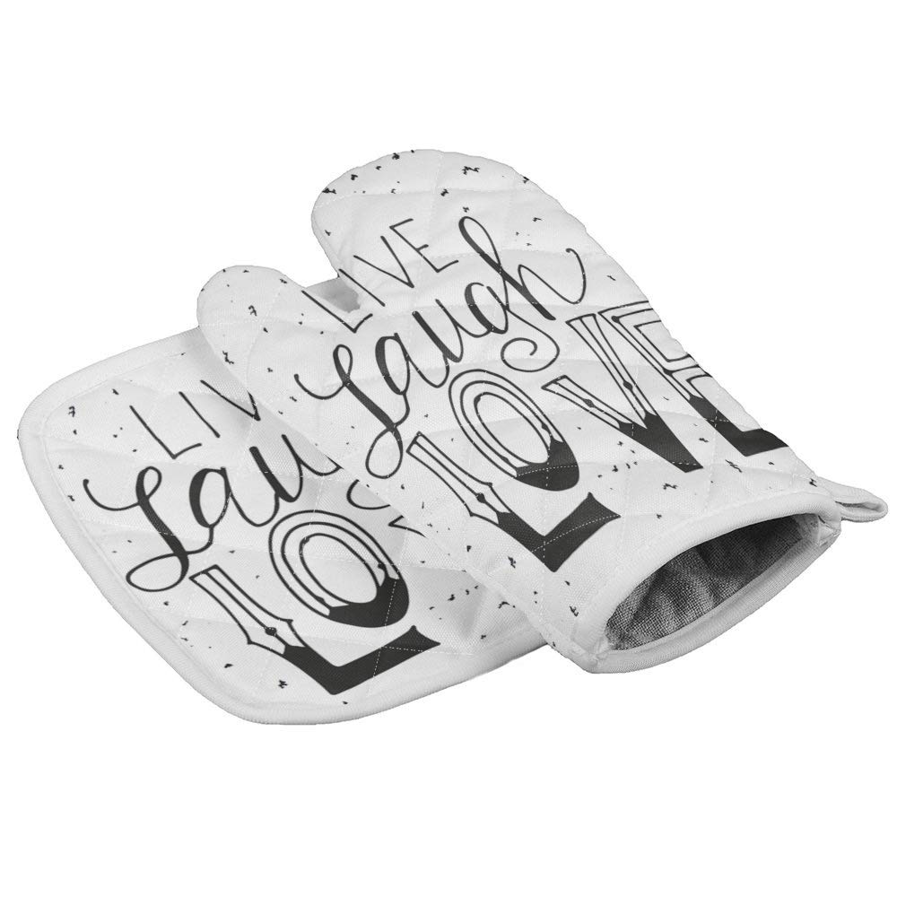 Set of Oven Mitt and Pot Holder Live Laugh Love Quote Oven Gloves Heat Resistance Non-Slip Surface for Kitchen BBQ Cooking Baking Grilling,Black White