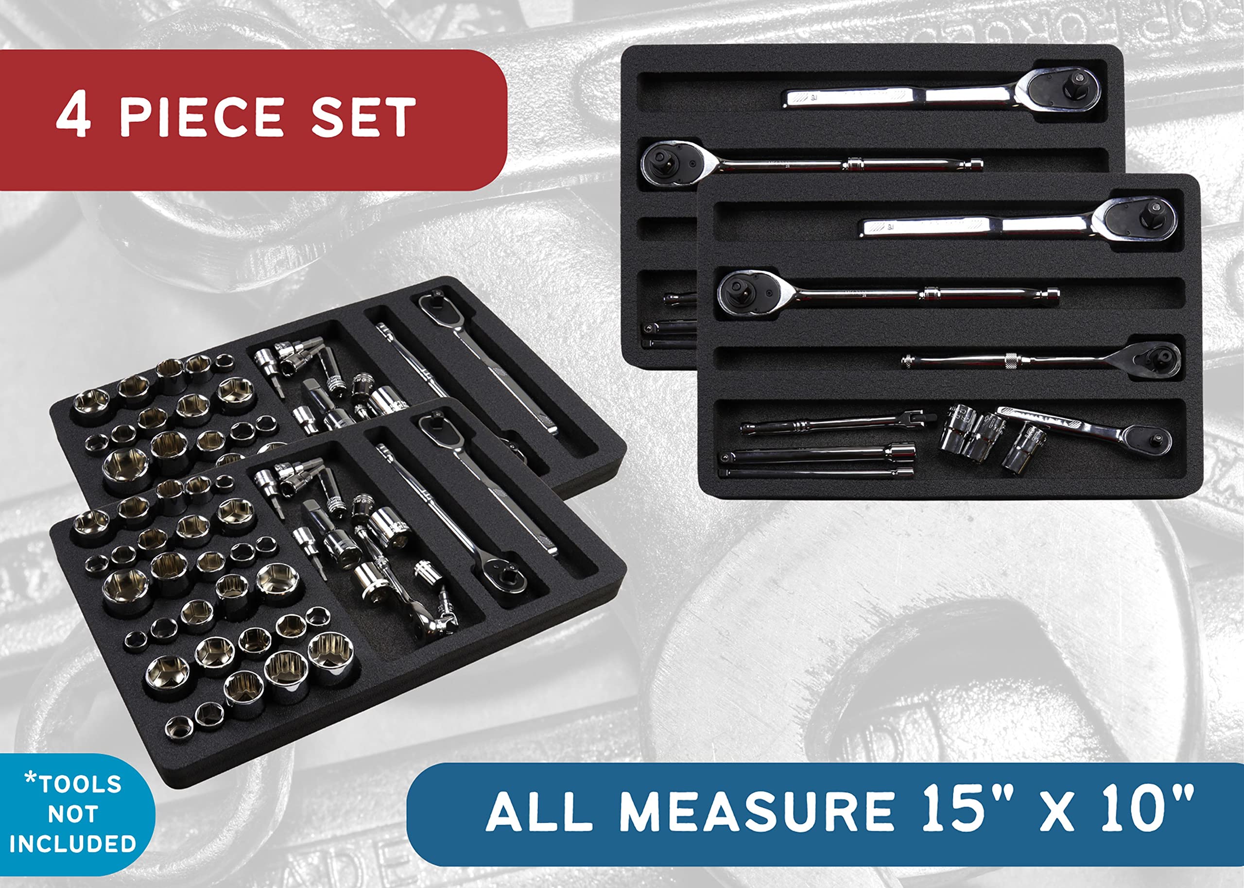 Polar Whale Tool Drawer Organizer 4-Piece Ratchet and Socket Insert Set Black Durable Foam Holds Many Tools 15 x 10 Inch Trays Fits Craftsman Husky Kobalt Milwaukee Many Others