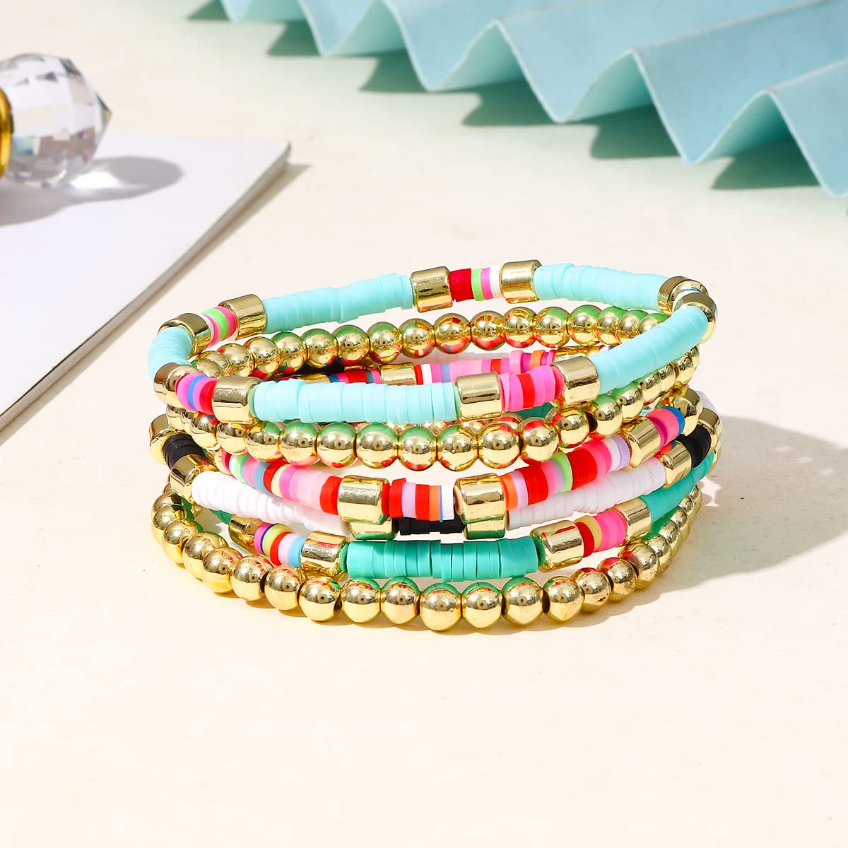 TOOLIPOUR Colorful Beaded Bracelet for Women Gold Beads Stretch Bracelet Heishi Beads Bracelet Stacking Gold Beaded Bracelet Set (Light blue)