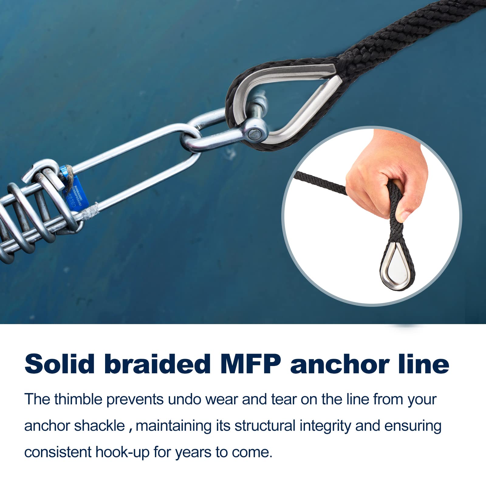 TetherTite Anchor line 3/8 Inch 100 Feet, Premium White Solid Braided MFP Boat Anchor Rope with Stainless Steel Thimble (3/8" x 100', Black)