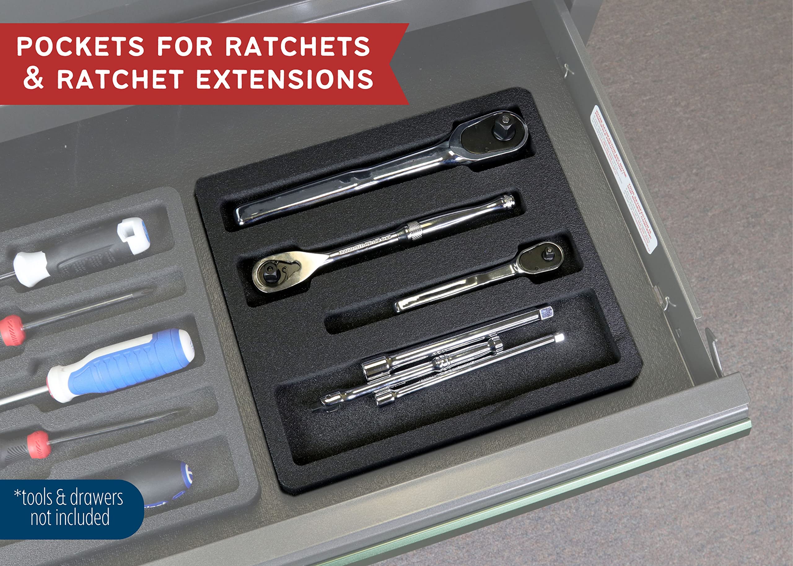Polar Whale Tool Drawer Organizer Ratchet Socket Wrench Holder Insert Black Durable Foam Tray Holds 3 Ratchets or Extensions Up to 10 Inches Long Fits Craftsman Husky Kobalt Milwaukee Many More
