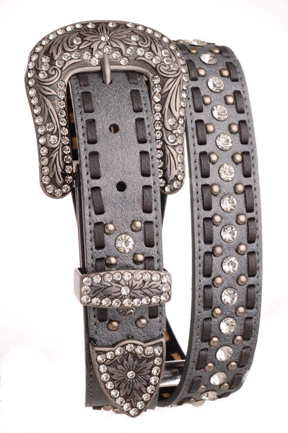 Nomad Creek Women's Rhinestone Leather Belt With Stitch (PEWTER, SM)