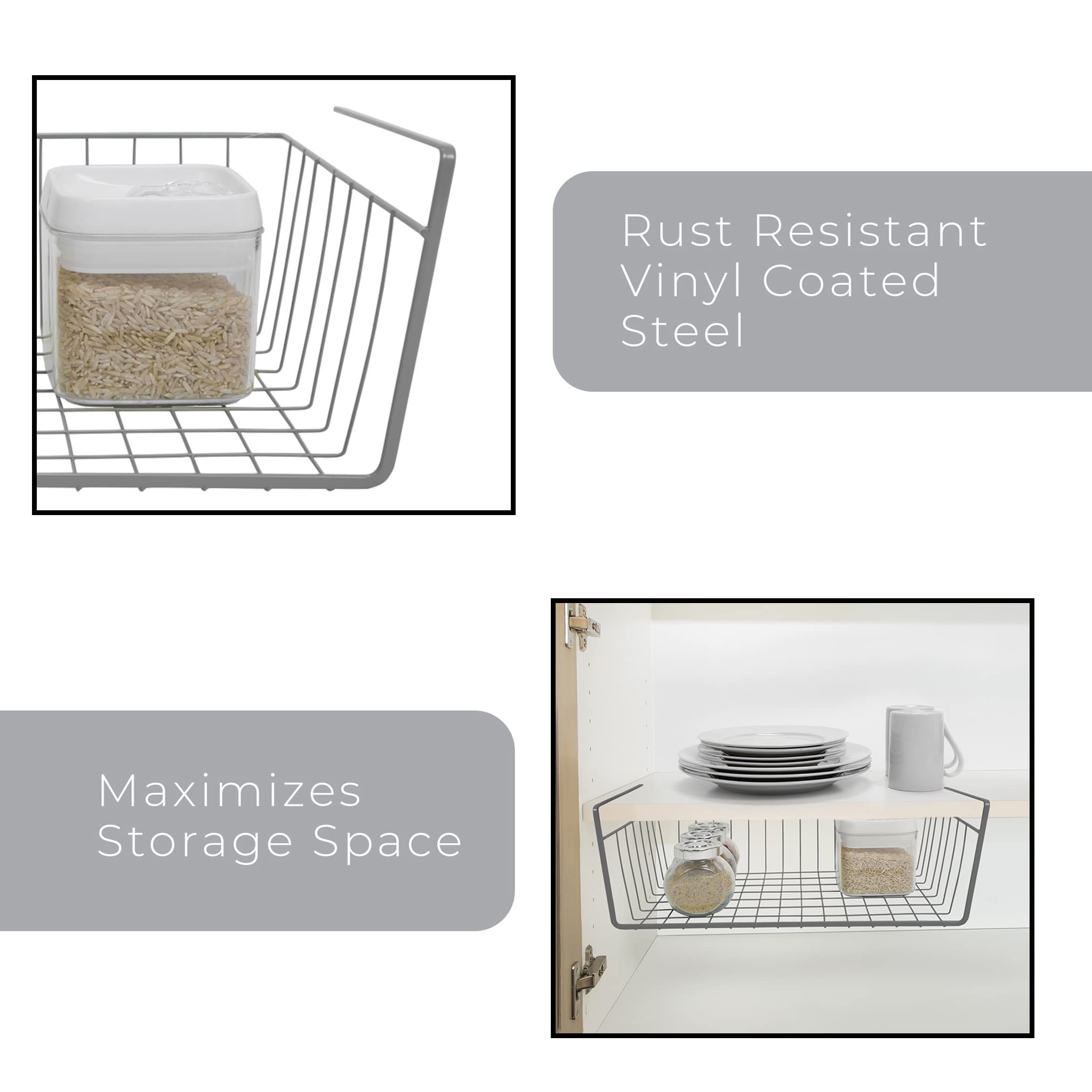 Smart Design Undershelf Storage Basket - Medium - Snug Fit Arms - Steel Metal Wire - Rust Resistant - Under Shelves, Cabinet, Pantry, and Shelf Organization - 16 x 5.5 Inch - Charcoal Gray