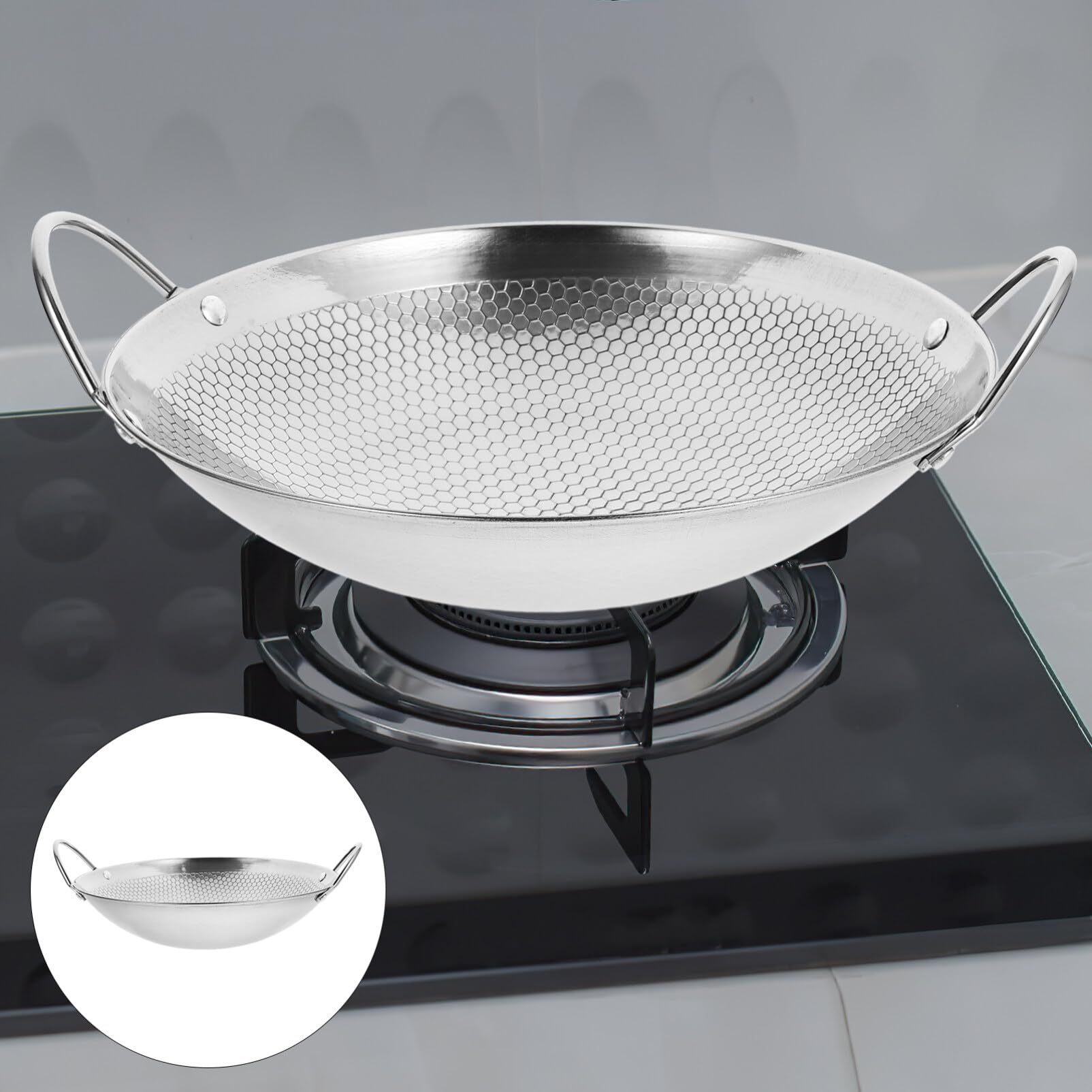 Yardwe Wok Pan Stainless Steel Stir Fry Pans 8 Inch Hot Pot Iron Frying Pan Double Handle Chinese Cooking Pot Kitchen Cookware For Boiling Steam Silver s Steel Wok