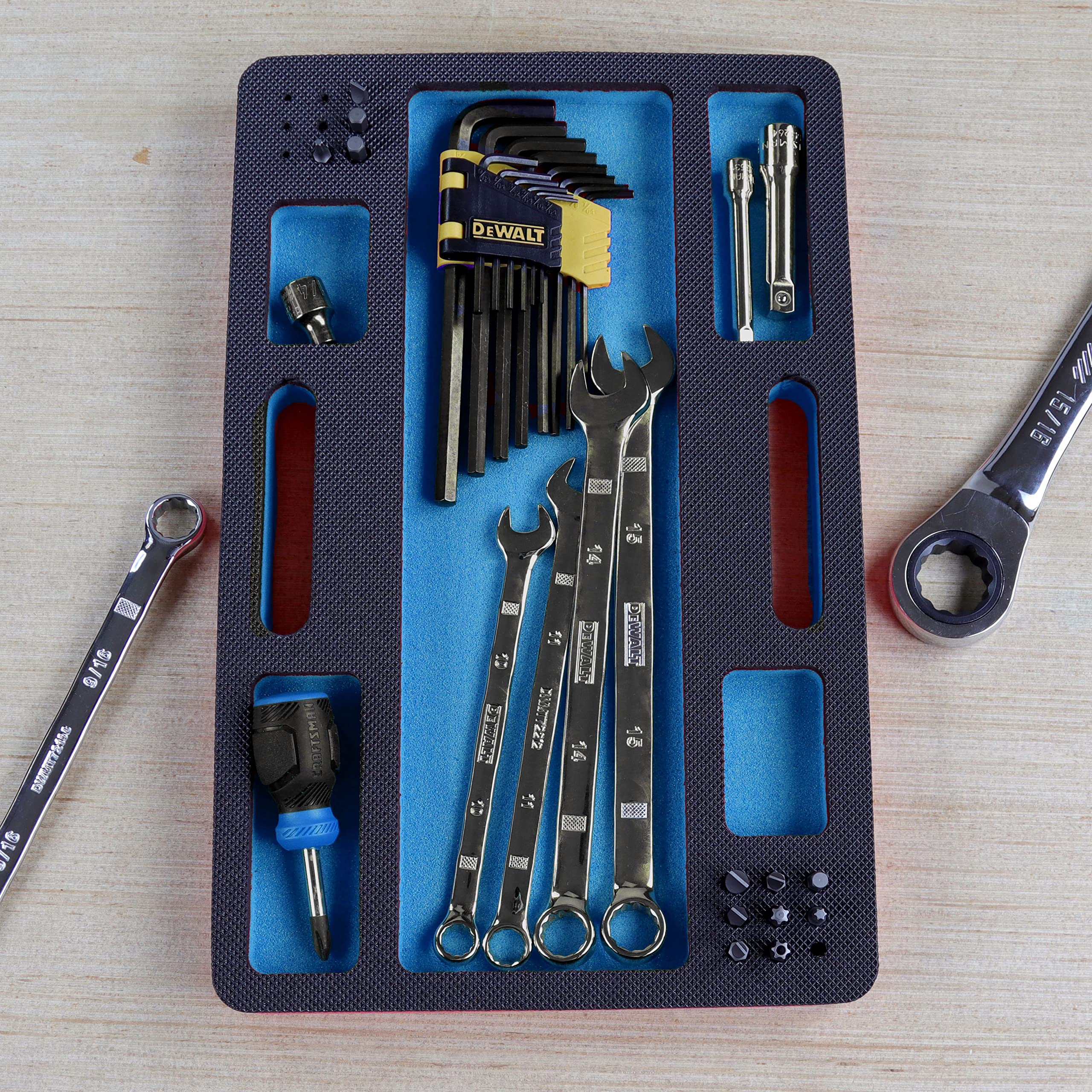 Polar Whale Tool Work Tray Organizer Blue and Black Durable Foam Non-Slip Anti-Rattle Bin Holder Drawer Insert with Handles 5 Pockets with Bit Holes Portable Home Work Garage 14 x 9 Inches
