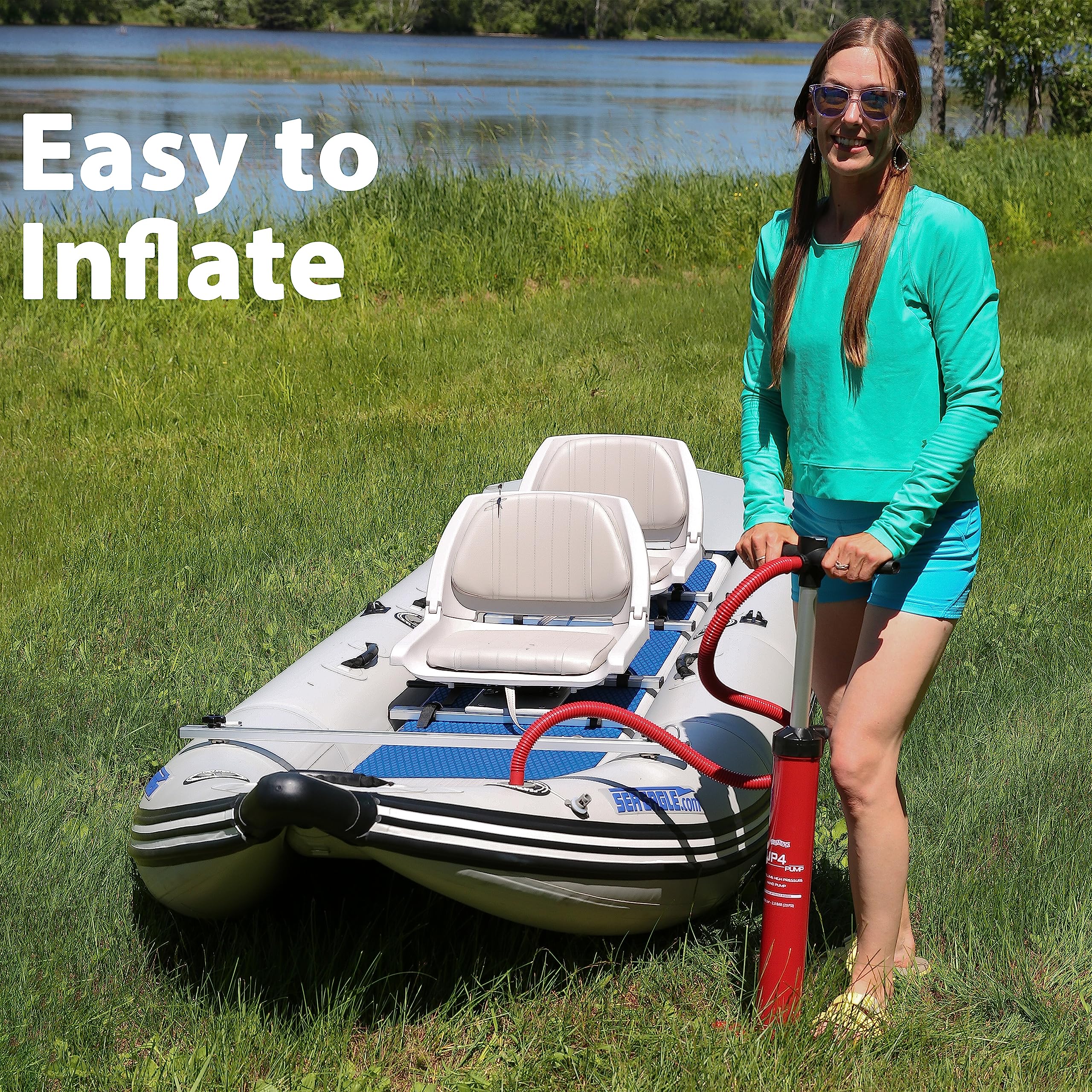 Sea Eagle 437ps PaddleSki Inflatable 1-2 Person Catamaran Boat β Paddle, Motor, Fish, or Sail β 4-in-1 Inflatable Watercraft β Self Bailing (437ps PaddleSki Swivel Seat Package)