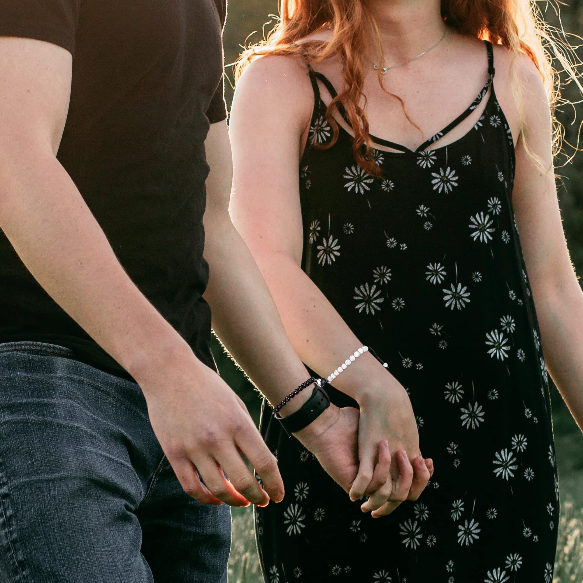 Top Plaza 2pcs Couples Bracelets Matching Heart Bracelets for Lover Healing Crystal Black Agate White Turquoise Bracelets for Couples Him & Her BF GF Valentine's Day Gifts