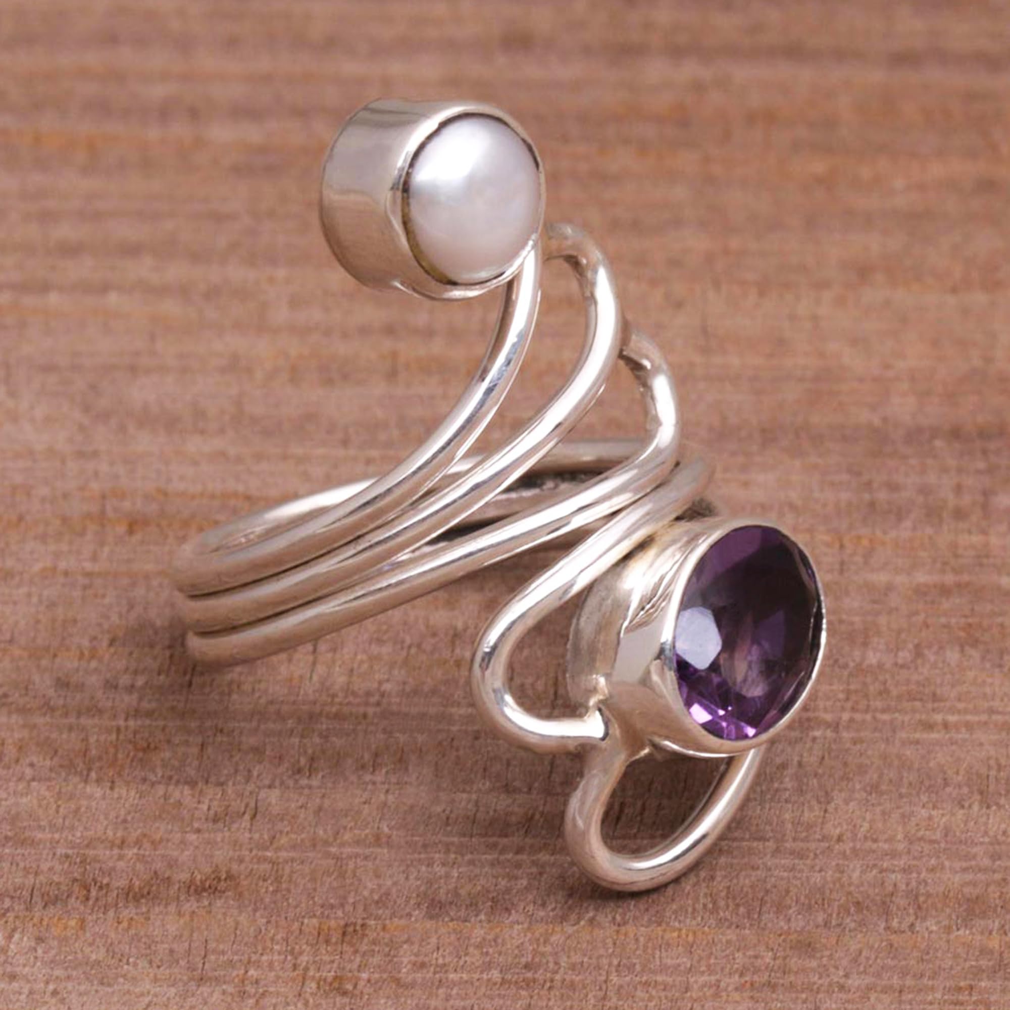 NOVICA Artisan Handmade .925 Sterling Silver Amethyst Cultured Freshwater Pearl Ring Purple White Multi Stone Wrap Birthstone 'Pure in Heart'