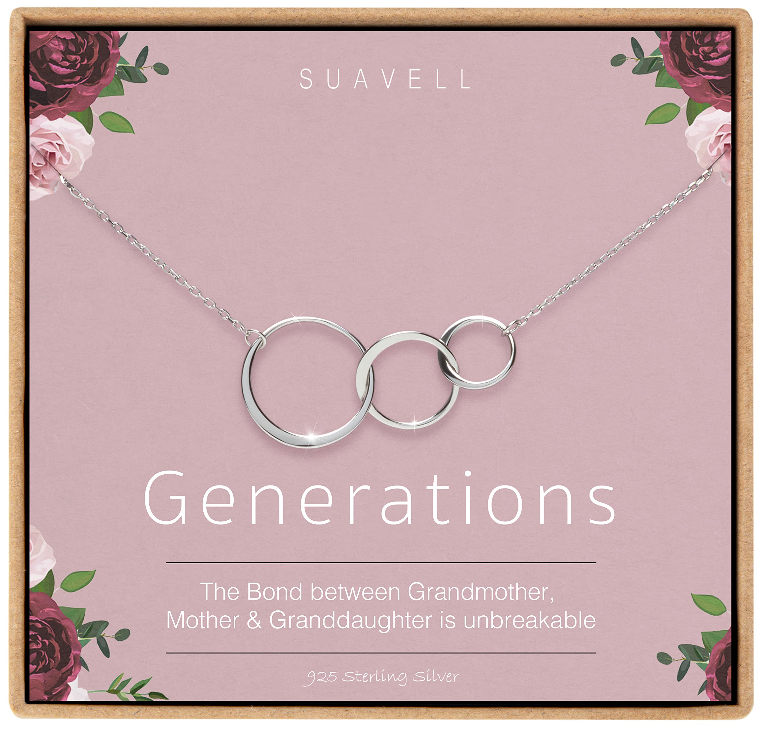 Suavell 3 Generations Necklace. Sterling Silver Grandmother Mother Daughter Jewelry, Nana Necklace, Granddaughter Necklace, Mothers Day Gifts for Grandma, Three Circle Necklace From Grandchildren