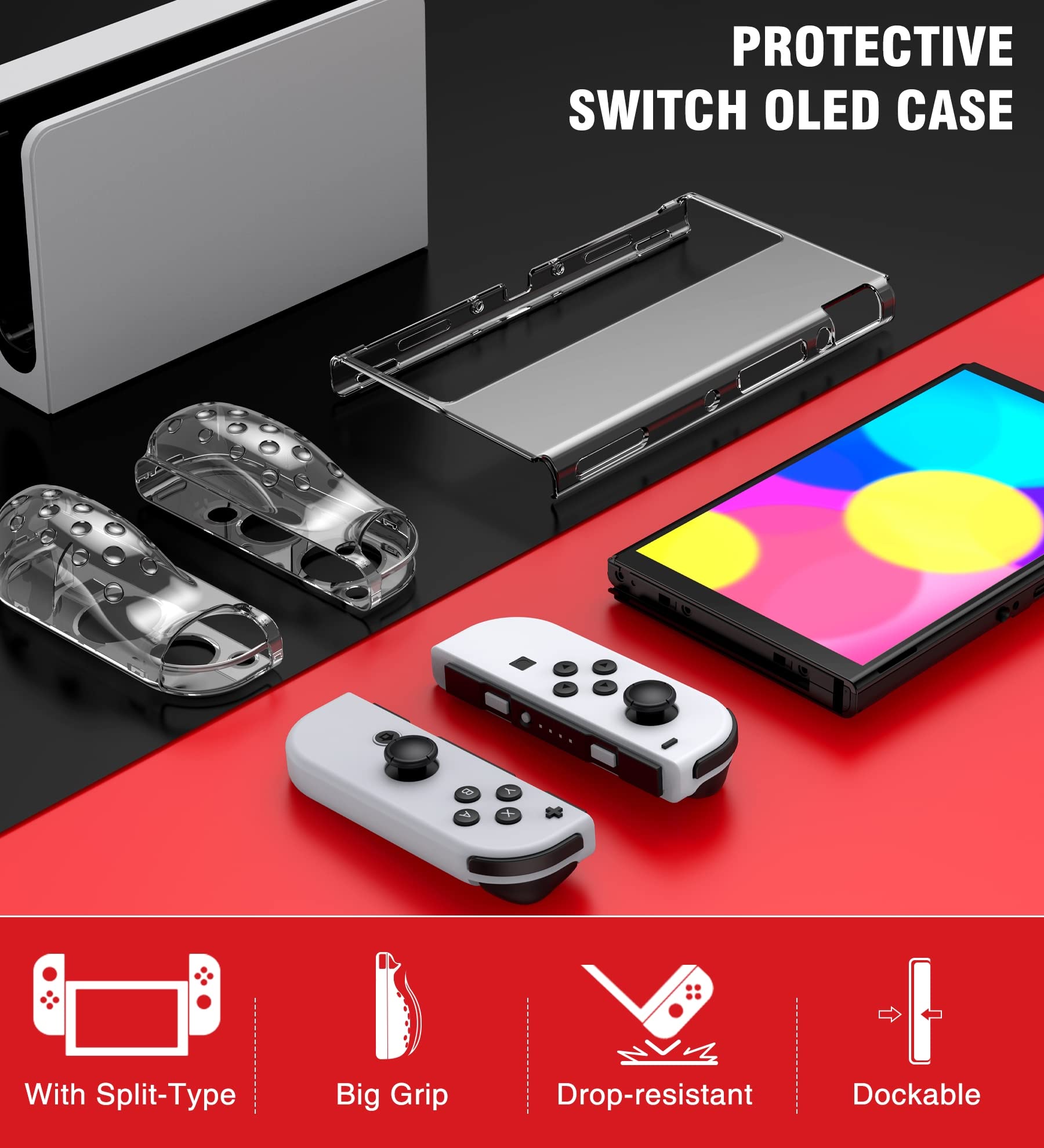 Switch Case Compatible with Nintendo Switch OLED, Protective Dockable Clear Cover Case with Comfortable Grip Design, Dockable Switch OLED Case Accessories for Nintendo Switch OLED Console & Joycon