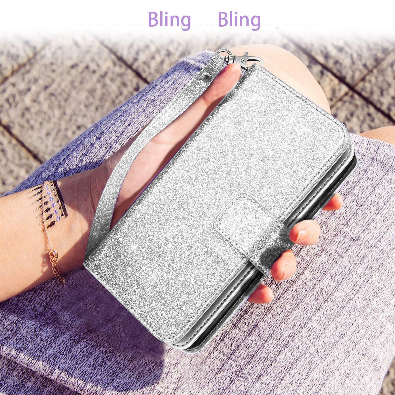 Newseego Compatible iPhone 11 Pro Max Leather Case 6.5 Inch,Glitter Faux PU Leather Magnetic Closure Multi-Credit Card Slot Cash Holder Detachable 2 in 1 Wallet Cover with Wrist Strap-Silver