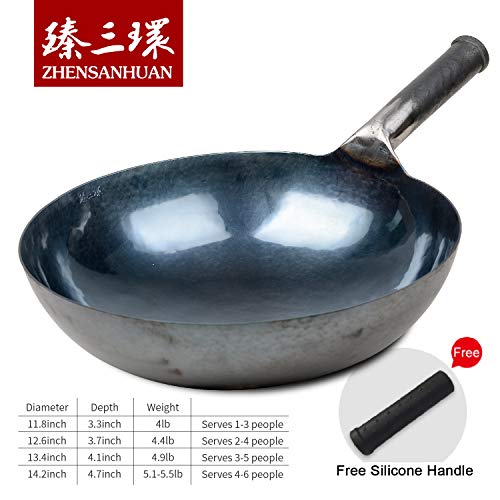 臻三环 ZhenSanHuan Chinese Hand Hammered Iron Woks and Stir Fry Pans, Non-stick, No Coating, Carbon Steel Pow (36CM, BlueBlack Seasoned with help handle)
