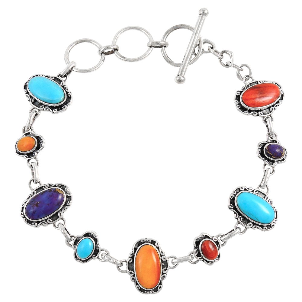 Turquoise Network Coral Link Bracelet Sterling Silver 925 Genuine Coral (Coral)