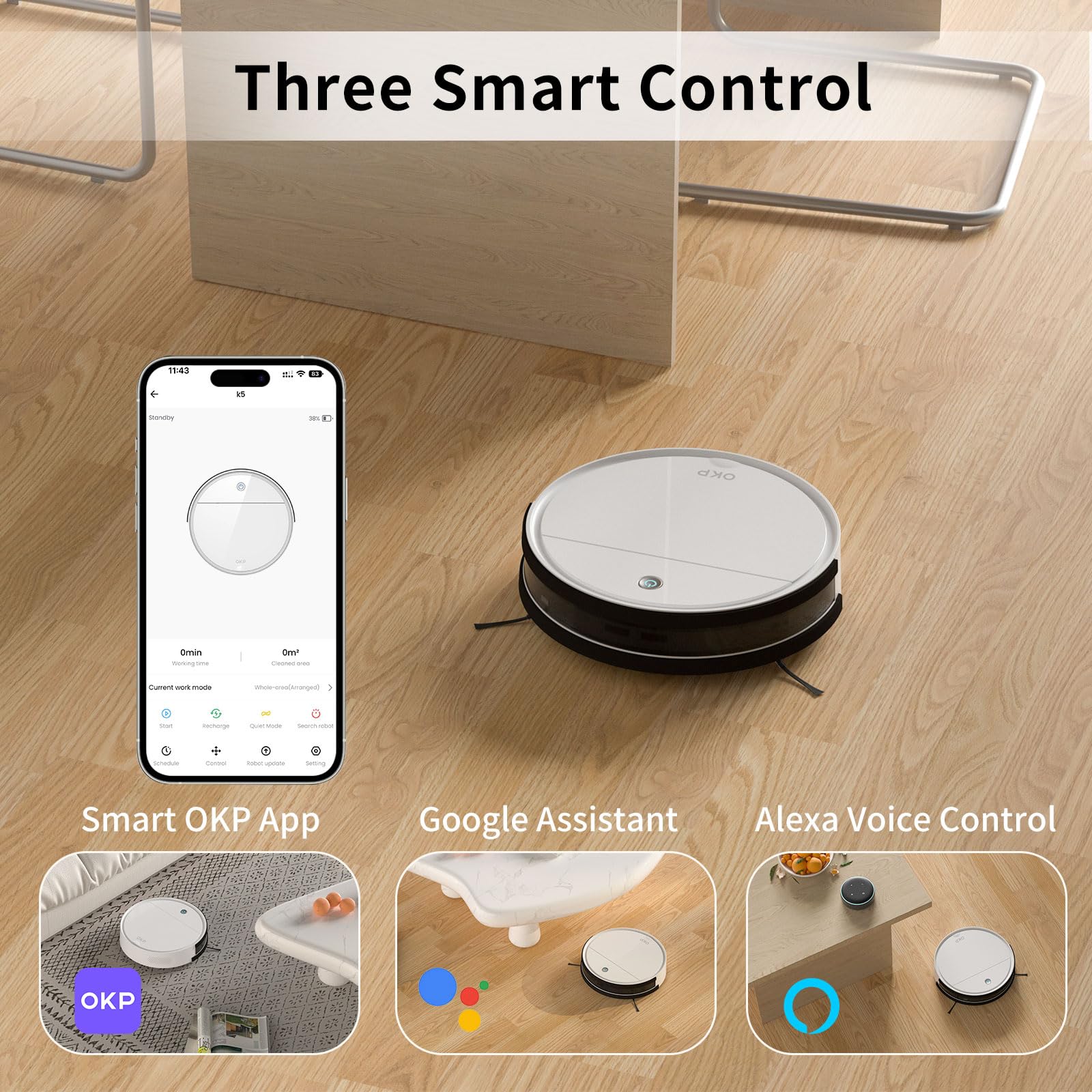 OKP Robotic Vacuum Cleaner 2500Pa, 120 Min Runtime, Robot Vacuum Cleaner with Schedule, WiFi/App/Alexa, Self-Charging, Slim Design, Quiet, Perfect for Hard Floors, Pet Hair, Carpets