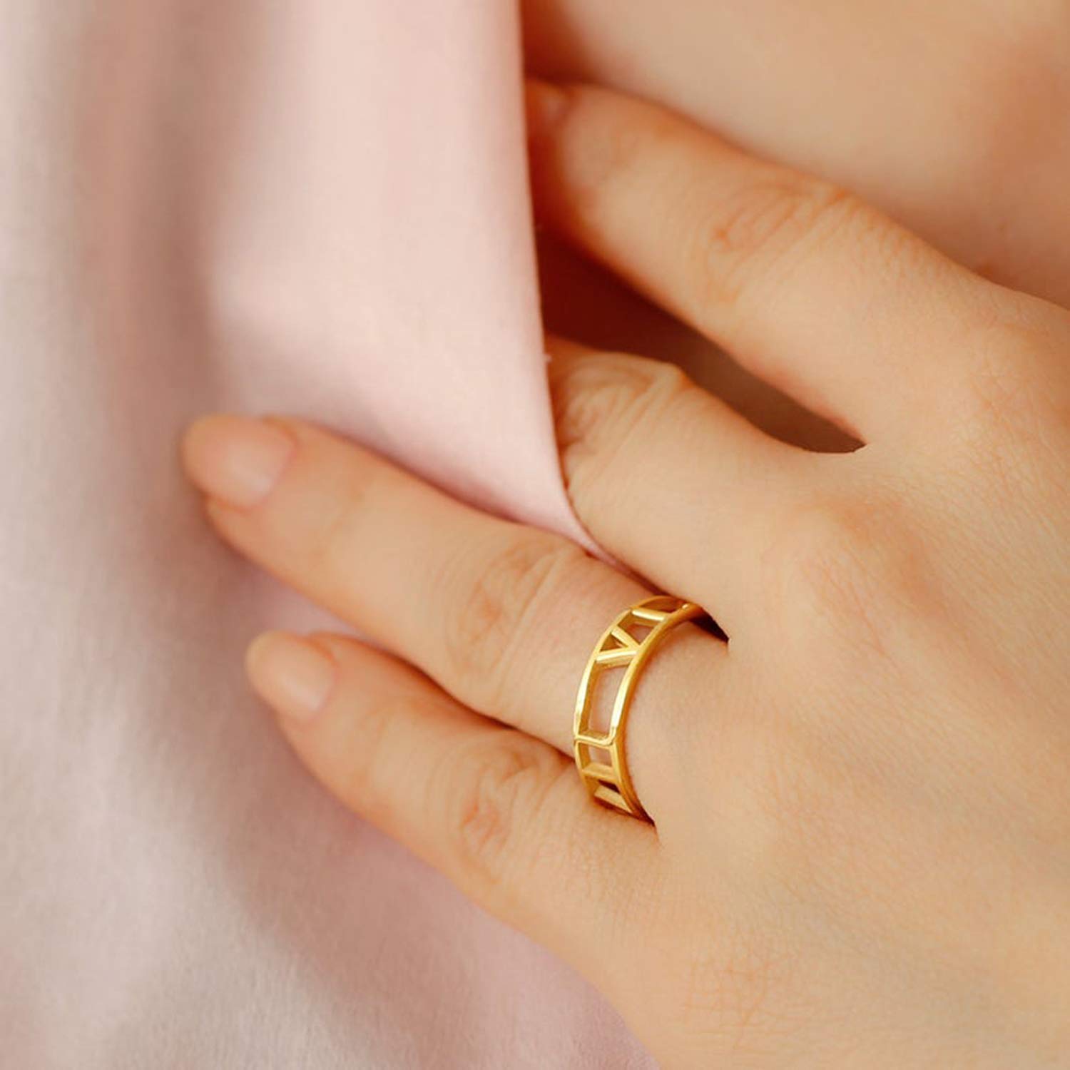 PEIMKO Personalized Cutout Roman Numeral Band Ring, Wedding Date Ring, Custom Made With Any Date/Name Size 5-12.5" (18K Gold Plated Silver)
