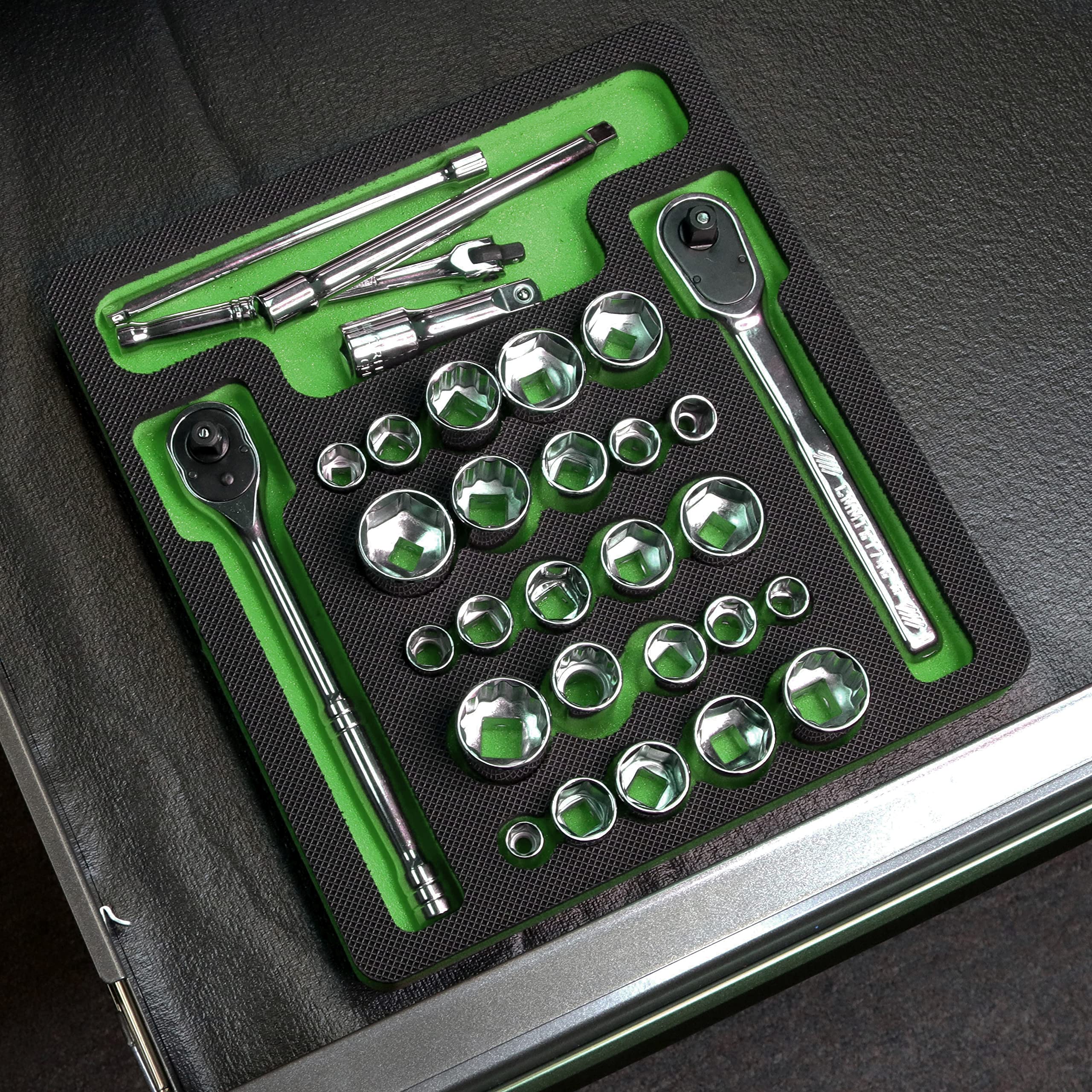 Polar Whale Tool Drawer Organizer Socket Holder Insert Green and Black Durable Foam Strong Tray Holds 25 Sockets and More Fits Craftsman Husky Kobalt Milwaukee and Many Others