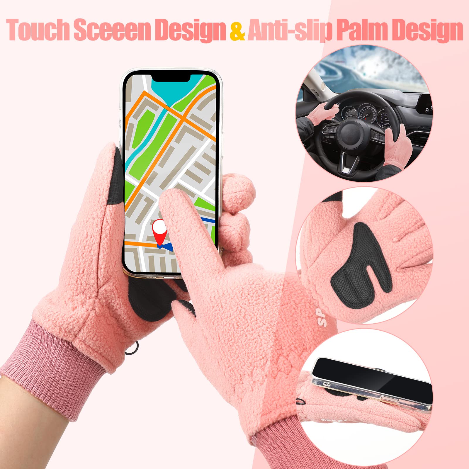Sumind Balaclava Ski Mask Winter Touchscreen Gloves for Men Women Fleece Snowboarding Mask Warmer for Winter(Pink)
