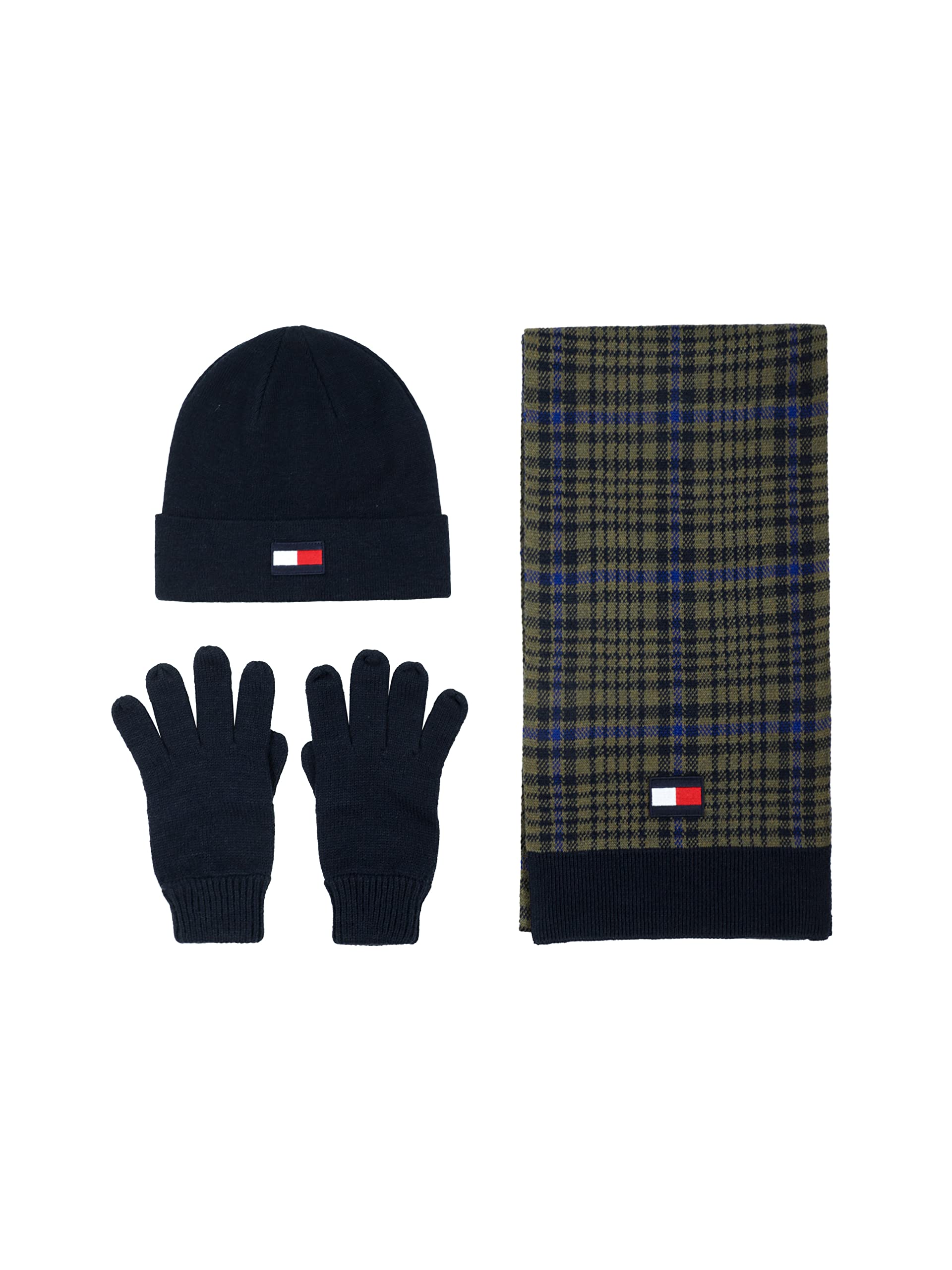 Tommy Hilfiger Men's Plaid Cuff Hat Scarf and Glove Set, Desert Sky, One Size
