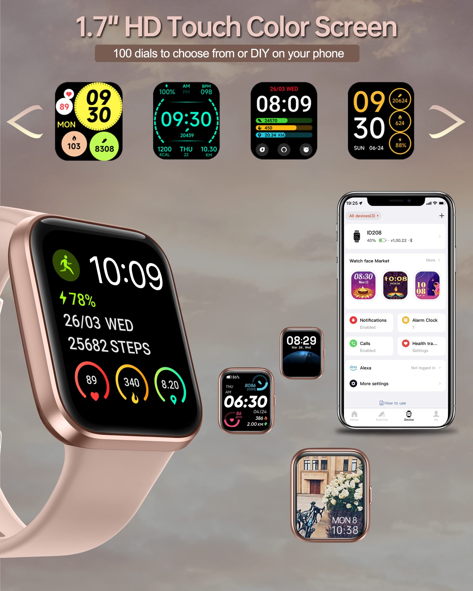 VRPEFIT Smart Watches for Women [Answer/Make Call], 1.7" Touchscreen Fitness Tracker with Heart Rate Blood Oxygen Sleep Monitor Compatible with iPhone & Android, Alexa Built-in, IP68 Waterproof Watch