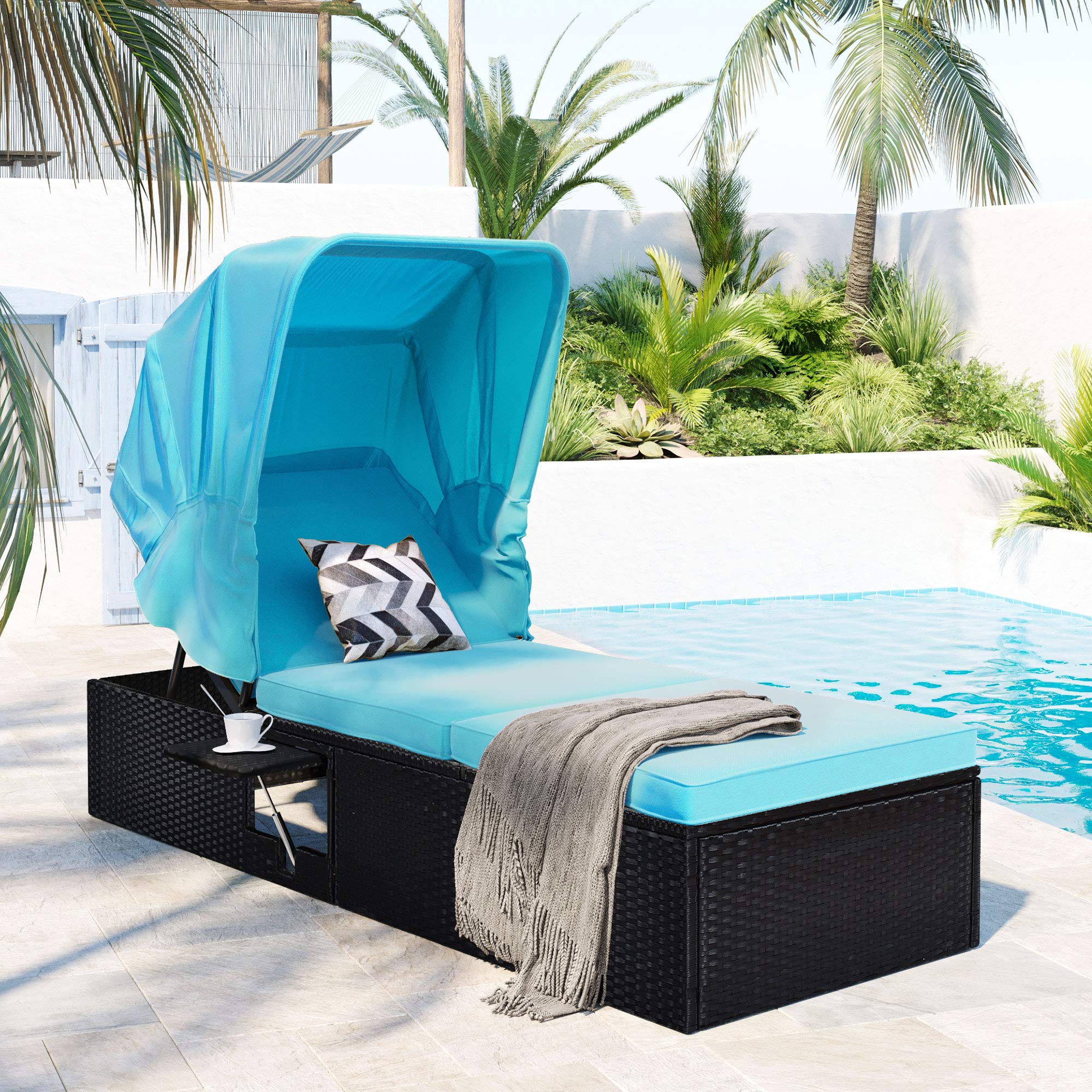 OPTOUGH Outdoor Chaise Lounge Chair with Folding Canopy, 76.8" Long Cushioned Reclining Rattan Sun Lounger with Adjustable Backrest, w/Cup Table, for Beach Poolside Backyard Balcony Porch, Blue