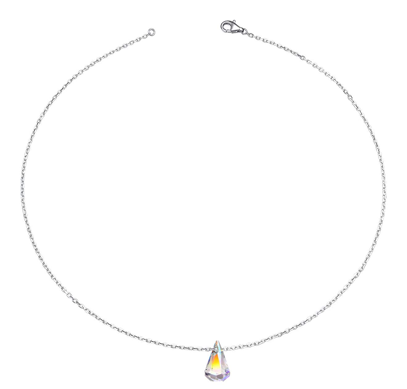 Savlano 14K White Gold Plated Aurora Borealis Drop Cut 18 Inches Pendant Chain Necklace For Women