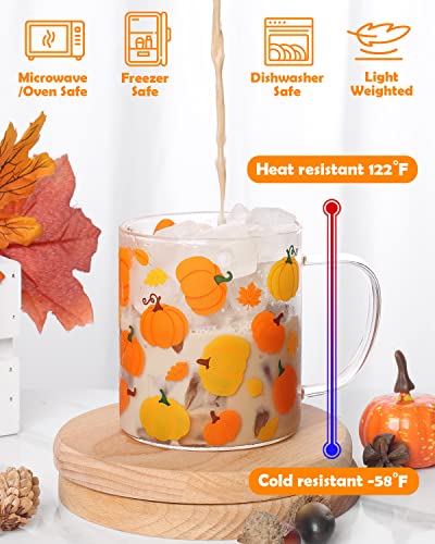 Pumpkin Glass Mug 15 Oz, Clear Fall Cup With Handle, Large Espresso Iced Coffee Glass, Hot Beverage Cappuccino Tea Drinking Glassware, Autumn Decor for Coffee Bar, Thanksgiving Gift for Pumkin Lover