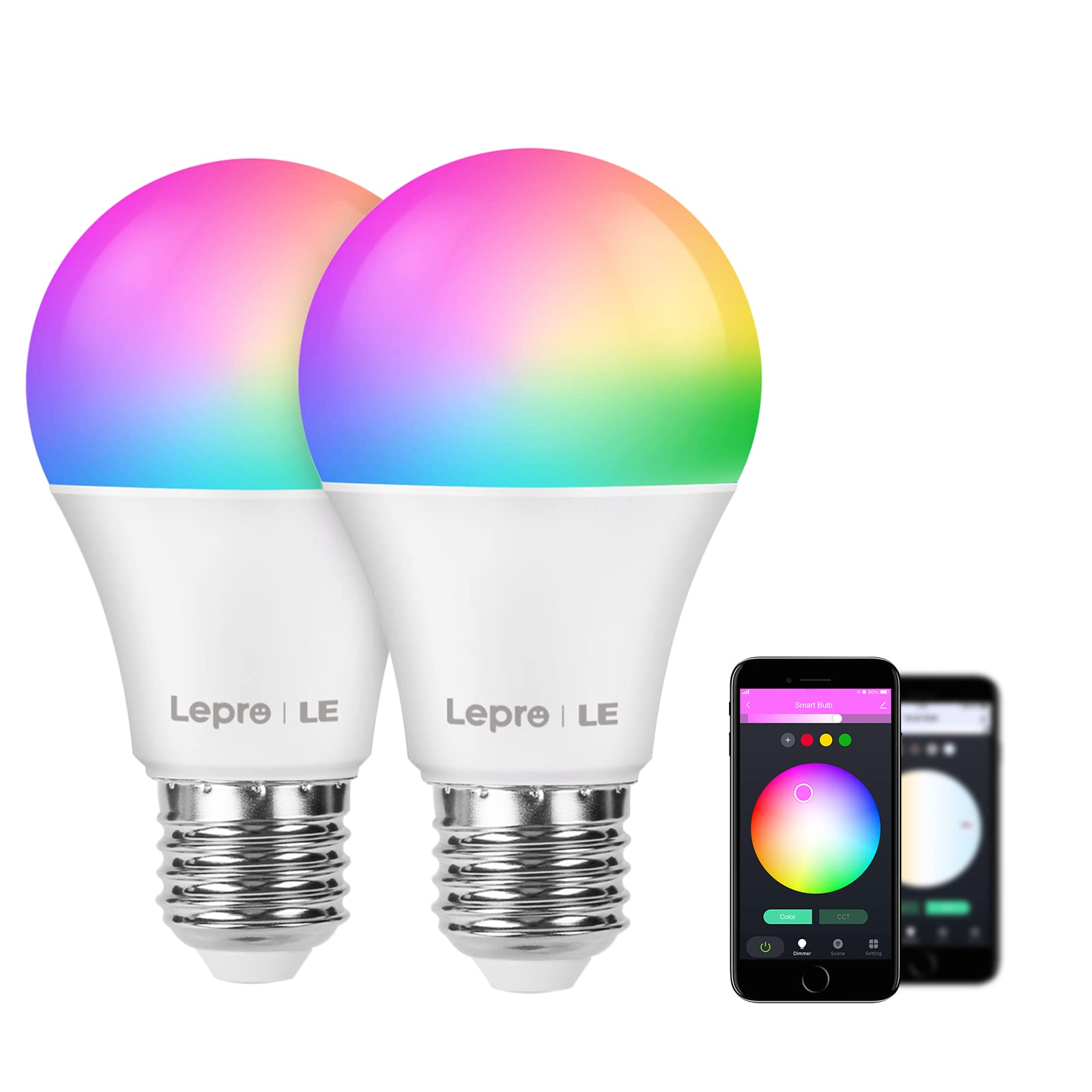 Smart WiFi Light Bulbs, LED Color Changing Lights, Compatible with Alexa & Google Home, Dimmable with App, 60 Watt Equivalent, A19 E26, No Hub Required, 2.4GHz WiFi Only (2 Pack)