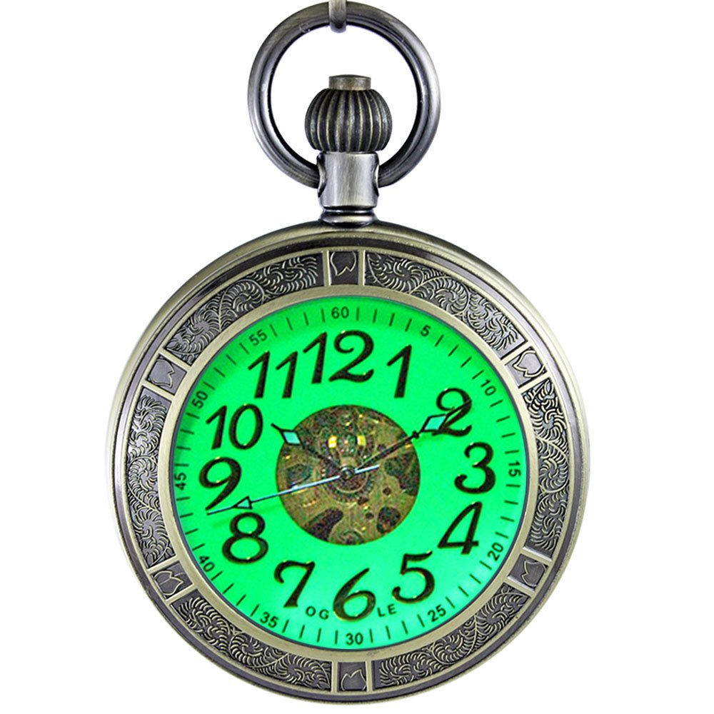 OGLE Waterproof Magnifier Skeleton Chain Silver Luminous Fob Self Winding Automatic Mechanical Pocket Watch (Bronze Luminous)