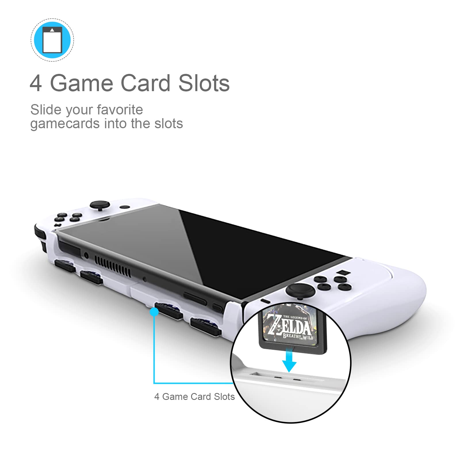 Switch OLED Grip, AKNES Switch OLED Console Folding Handle Grips Case with 4 Game Cards Store Slot, Comfort Ergonomic Handle Case for N-Switch OLED Model(2021) White