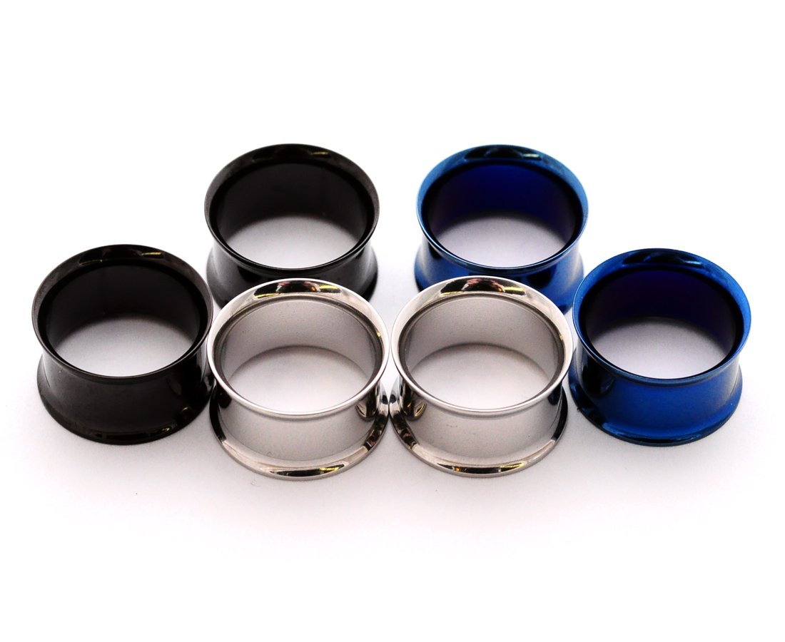 Mystic Metals Body Jewelry Set of 3 Pairs Steel Double Flare Tunnels - 7/16" - 11mm - (Blue, Black, Steel)