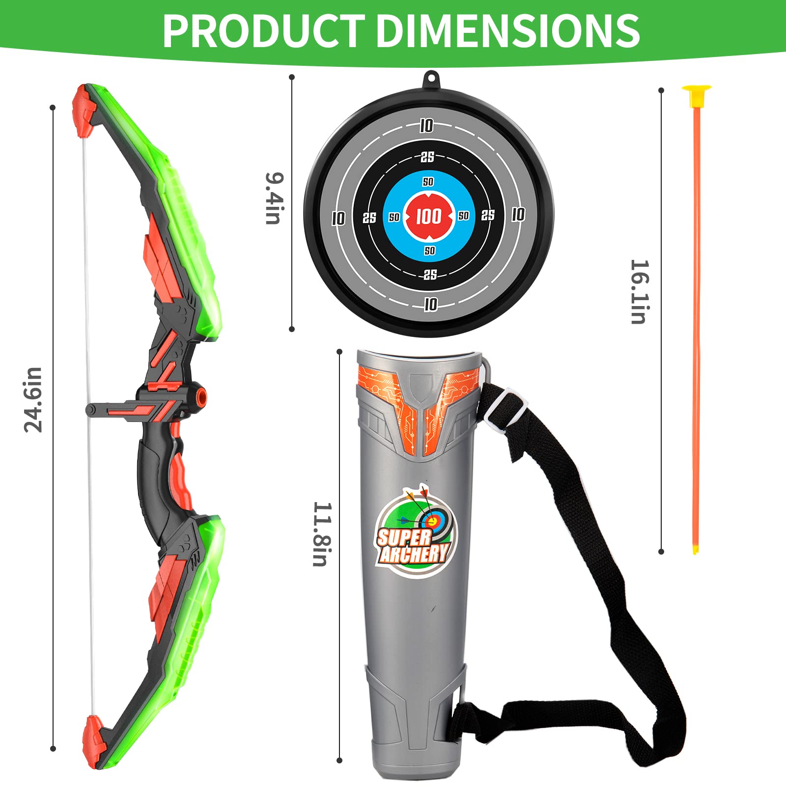 SmartChef Bow and Arrow for Kids with LED Flash Lights - Kids Archery Set Includes 10 Suction Cups Arrows, Target, and Quiver - for 3 4 5 6 7 8 Year Old Boys Girls (Green)