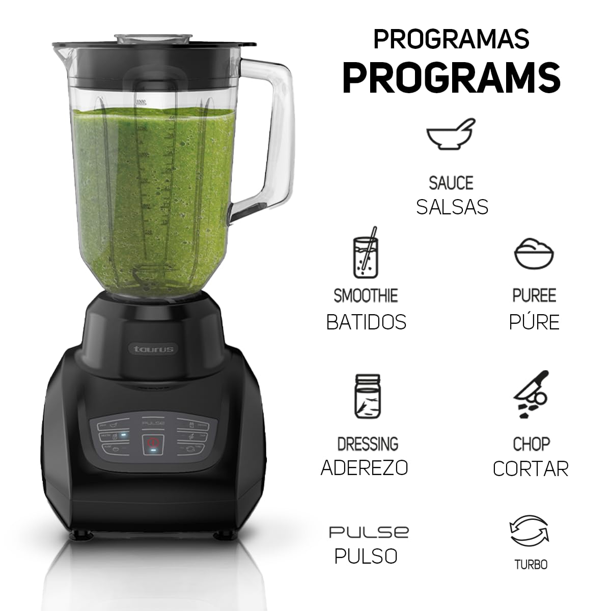 Taurus SEVILLA Countertop Blender | 48 oz Diamond Shaped Glass Jar | Touch Panel Controls with 6 Smart Pre-Programmed Settings, 8 Speed Control & pulse function built-in | 550 watts