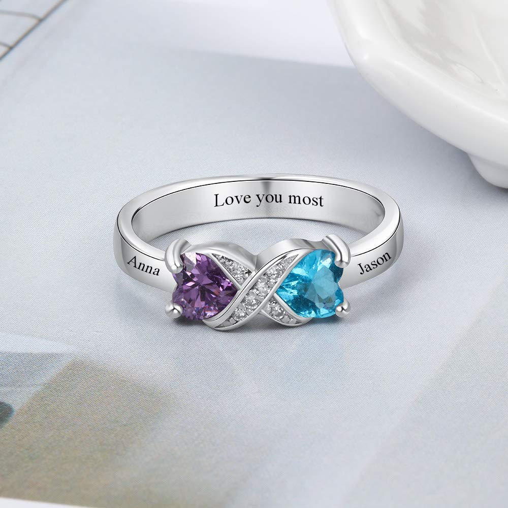 Personalized Infinity Mothers Ring with 2 Heart Simulated Birthstones Engagement Promise Rings for Women (7)