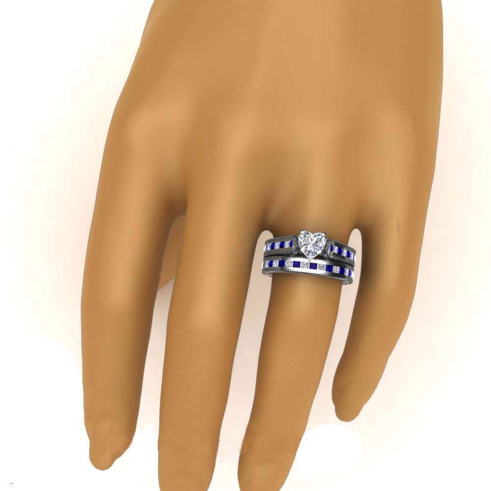 Ringcrown Blue Cz Couple Rings White Gold Filled Heart Womens Wedding Ring Sets Titanium Steel Man Wedding Band