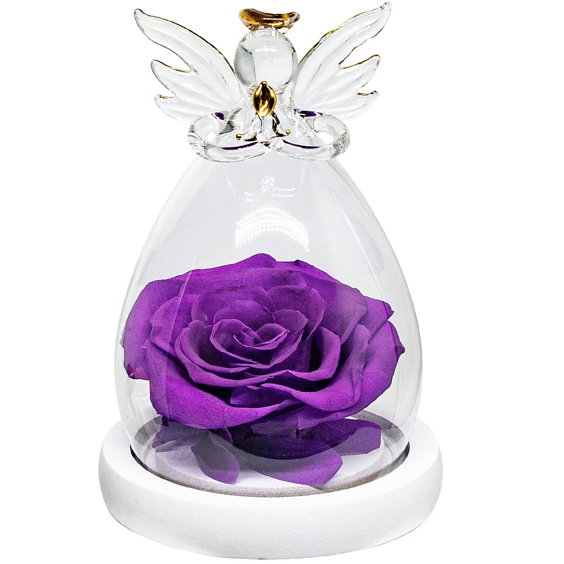 roliys Preserved Real Flower Rose in a Glass Angel Statue Cover,Immortality Rose, a Gift for Mother’s Day Christmas Valentine’s Day Anniversary Girlfriend Birthday Women (Purple)