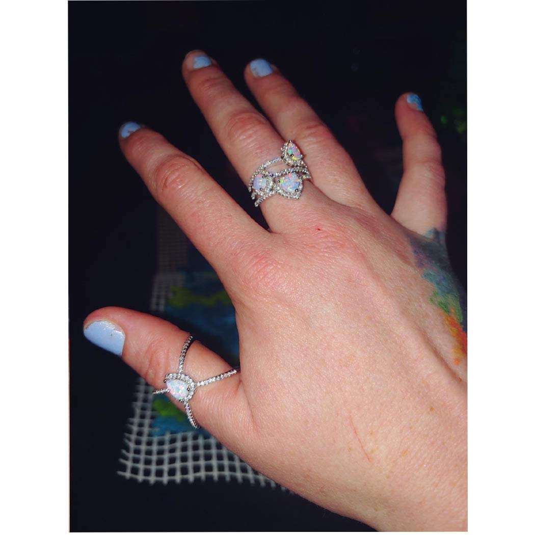 OPALBEST Opal Rings,18K White Gold Plated Heart/Square Fire Opal Cocktail Promise Rings for Women (C-white 3 types, 6)