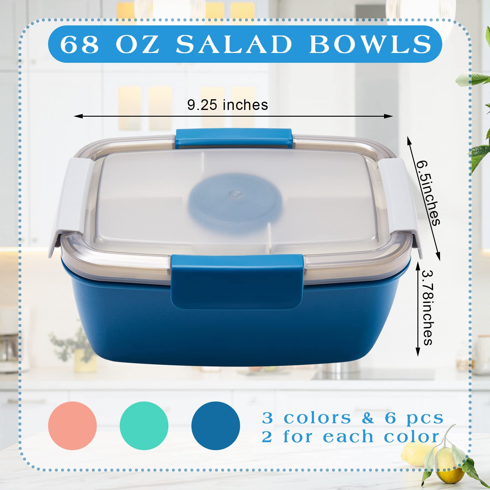 Tessco 6 Pcs Large Salad Container for Lunch 68 oz Salad Bowls Stackable Lunch Box Containers with 5 Compartment and Sauce Cups for Adults Meal Snack Food Dressing Fruit, Pink Green Blue
