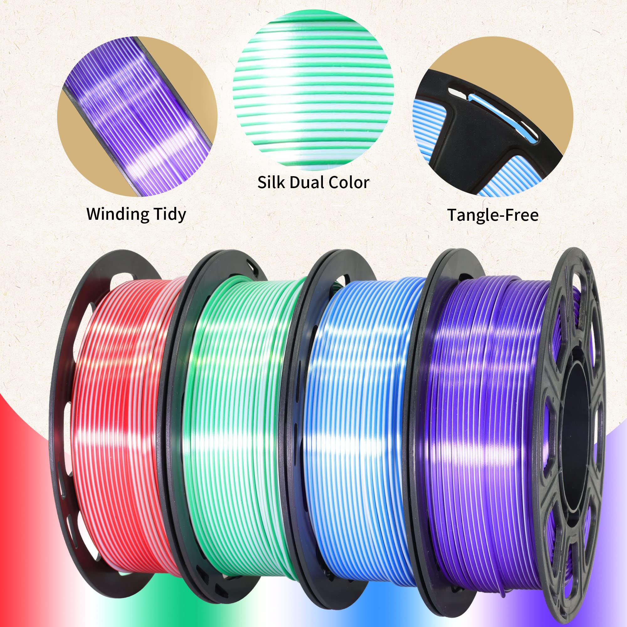 PLA 3D Printer Filament 7 Spools Bundle, 1.75mm Red Blue Yellow Green Cyan Orange Purple PLA 7 in 1 Rainbow Colors, Each Roll 0.5kg Total 3.5kgs with One Bag Sample Color Gift MKOEM