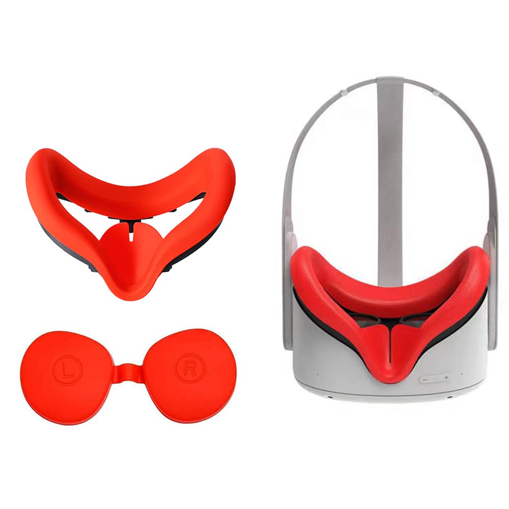 Oculus Quest 2 Face Pad with Lens Protector - Sweatproof Face Mask & Eye Pad for Oculus Quest 2 VR Headset - Washable Light-Proof Anti-Leakage Silicone Cushion Accessories 2-Pack Set, Red