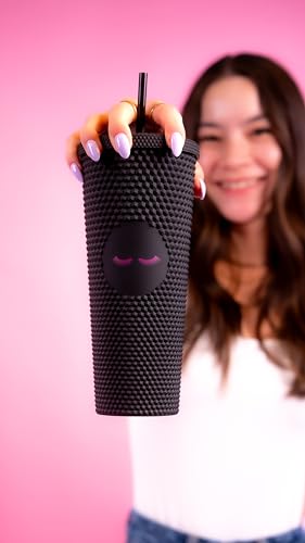 PLA Beauty Studded Tumblers | Insulated Double Wall | With Screw on Lid and Straw | Cold Beverage | Hand Wash | 24 oz (Black Lash)